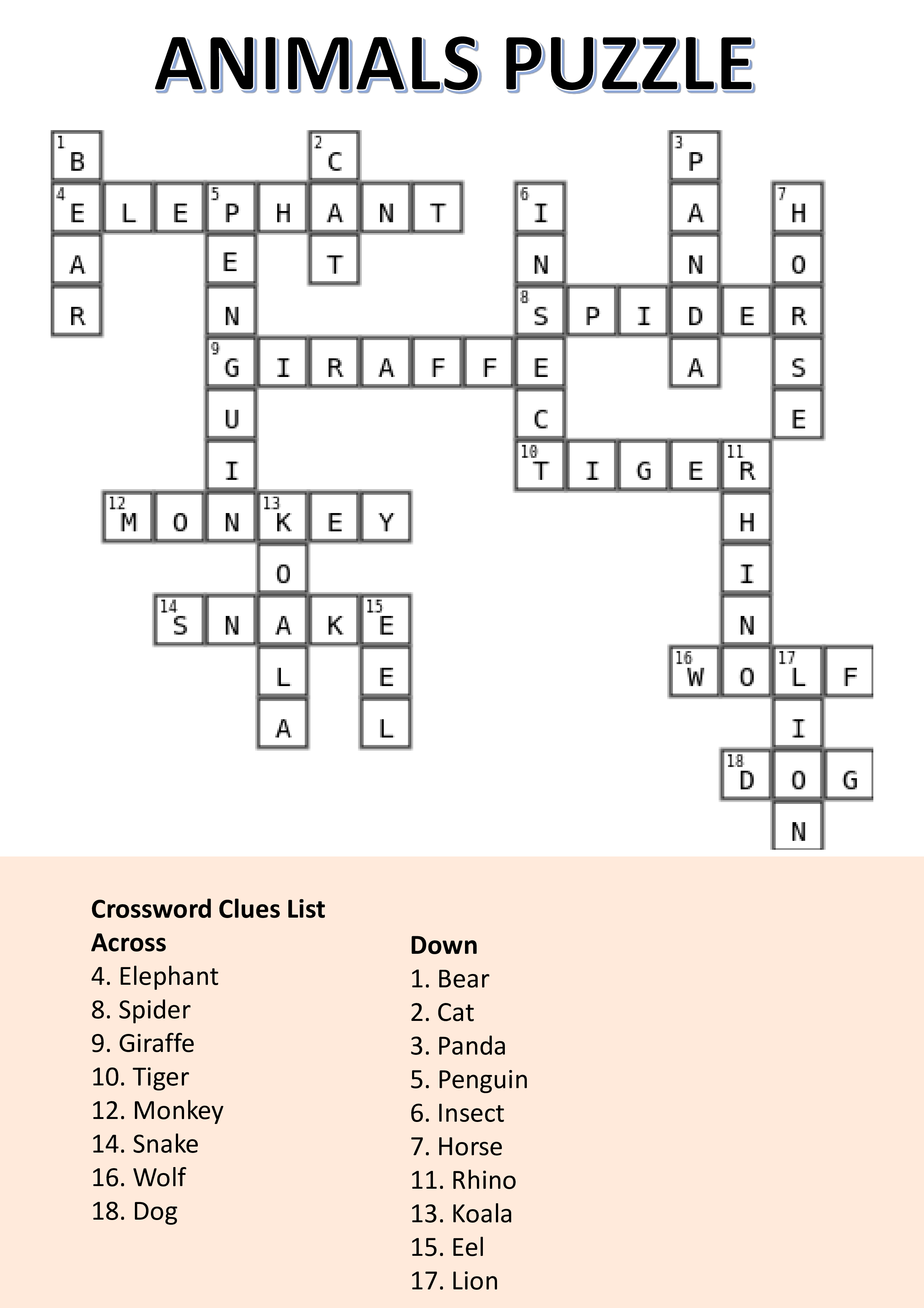 Animal Word Puzzle For Kids | Templates at allbusinesstemplates.com