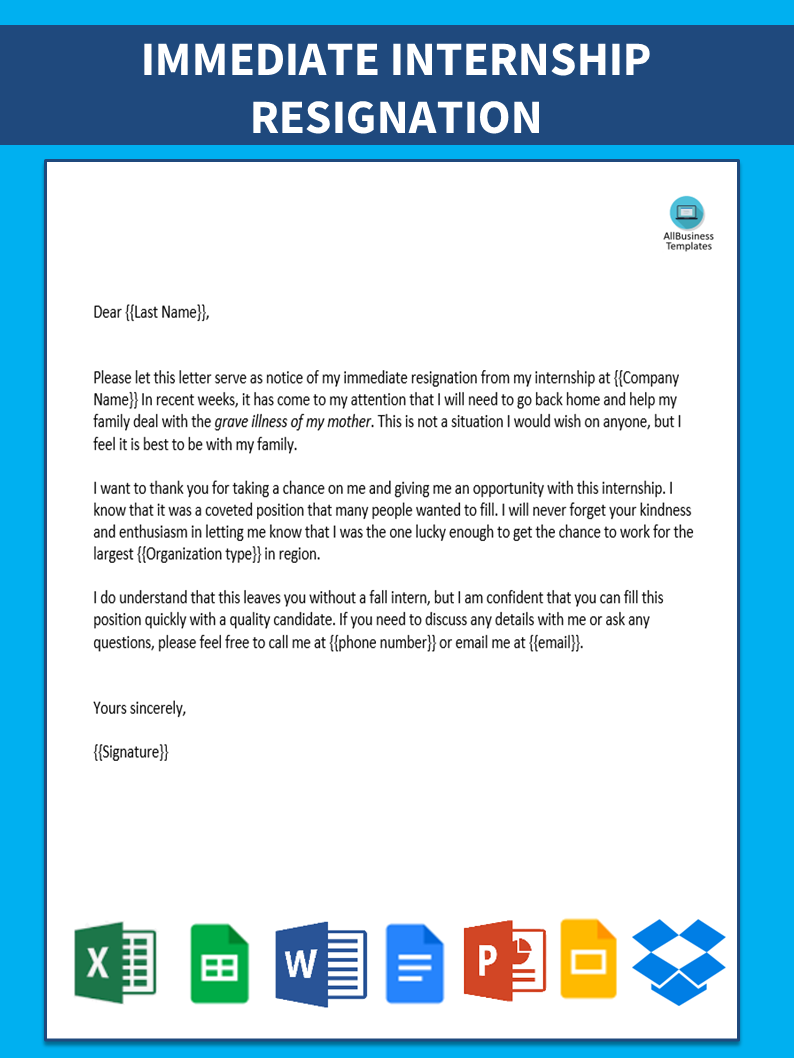 Immediate Internship Resignation Letter | Templates at ...
