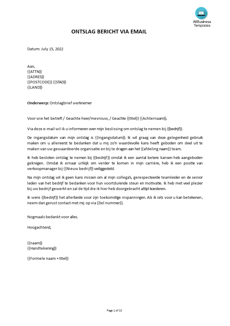 Gratis Ontslagbrief voor Dienstverband