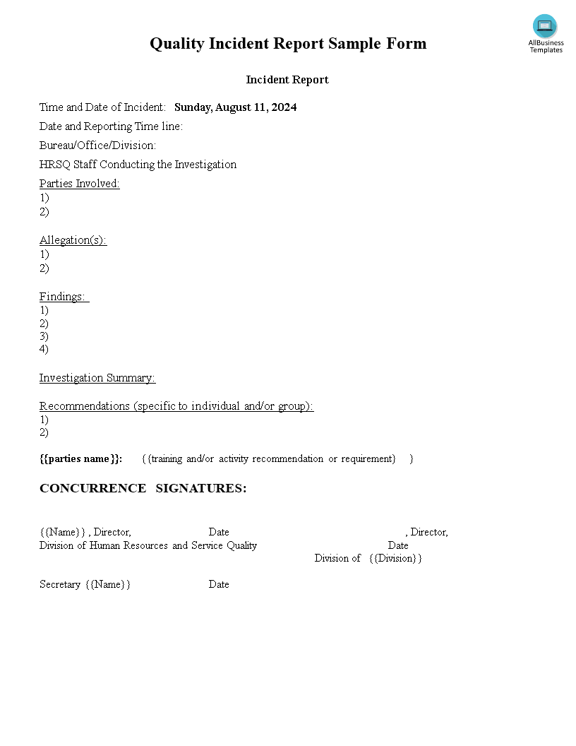 Quality Incident Report Sample | Templates at allbusinesstemplates.com