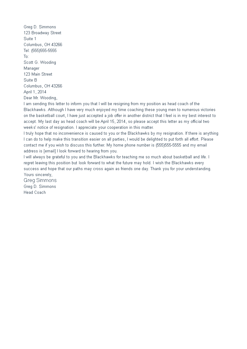 Coaching Job Resignation Letter | Templates at allbusinesstemplates.com