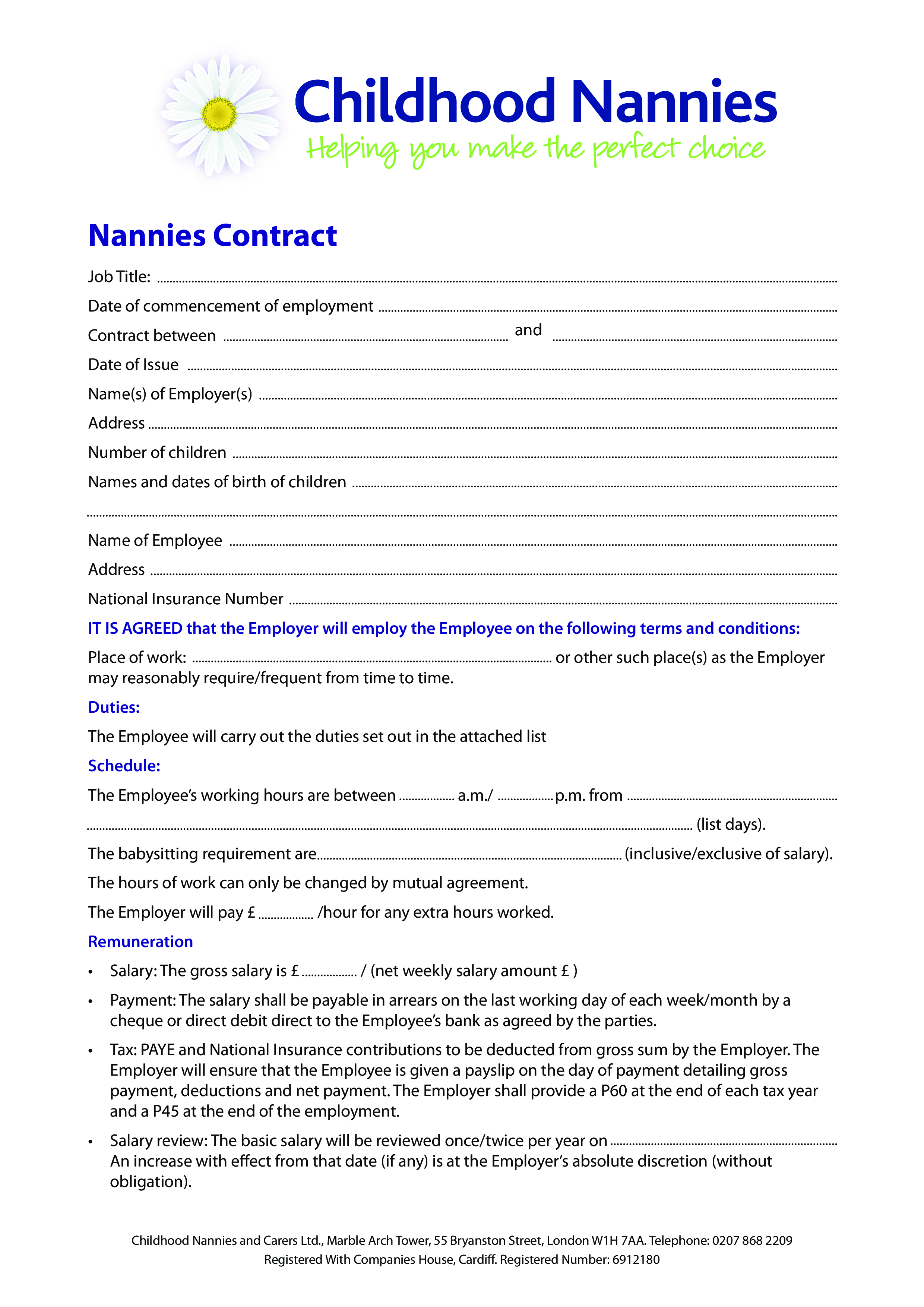 Fill In Blank Printable Nanny Contract Template Printable Templates