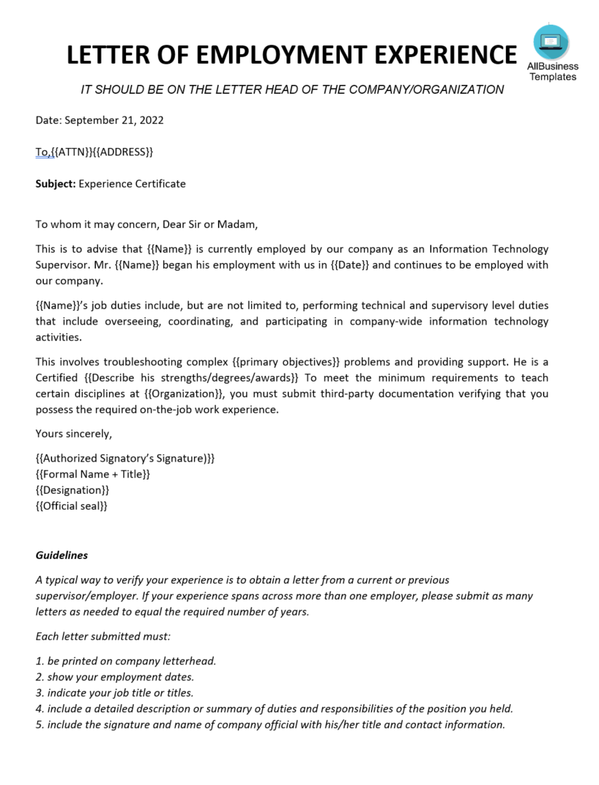 Work Experience Certificate | Templates at allbusinesstemplates.com