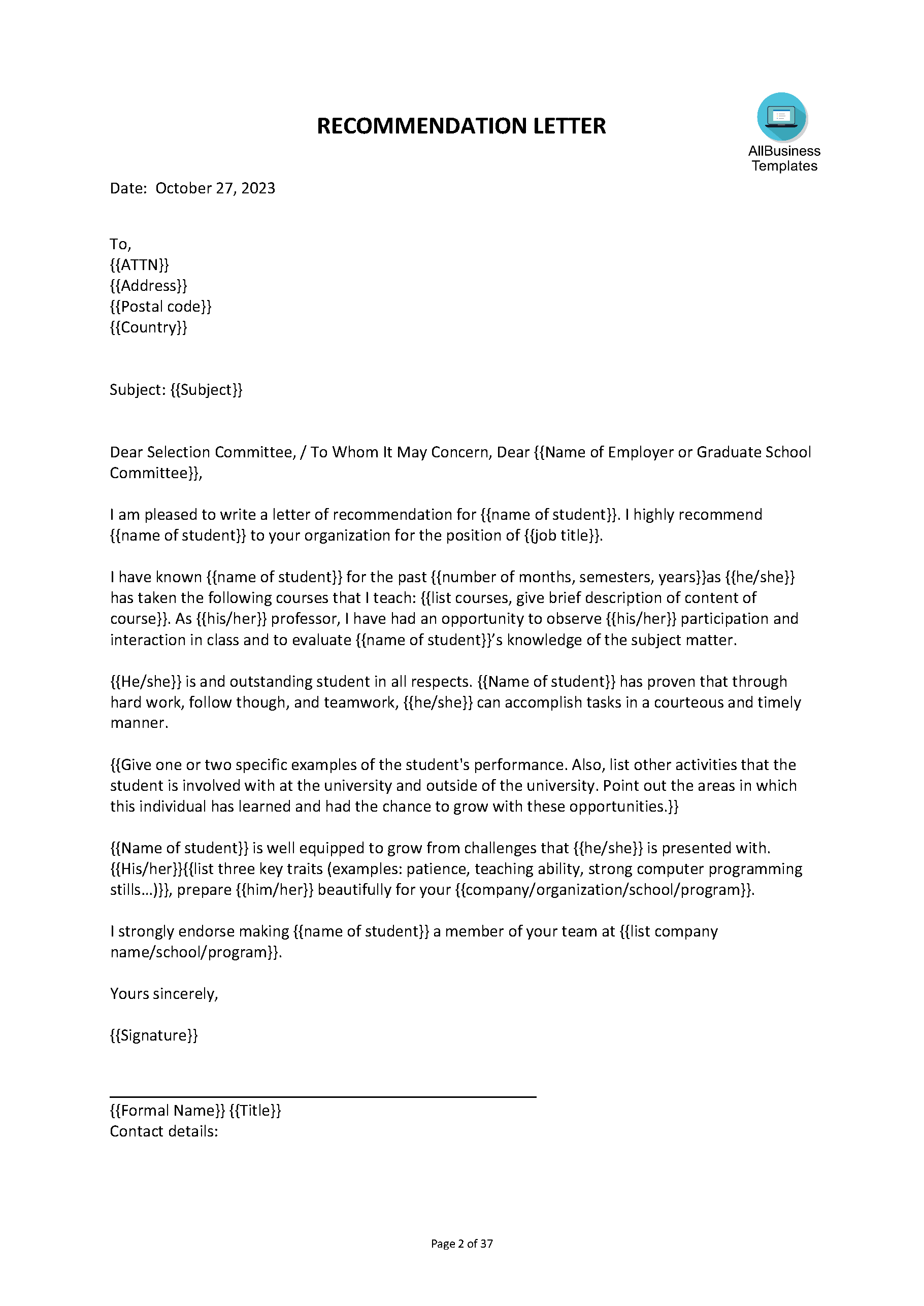 Recommendation Letter For A Student Templates At Allbusinesstemplates recommendation-letter-for-a-student-templates-at-allbusinesstemplates