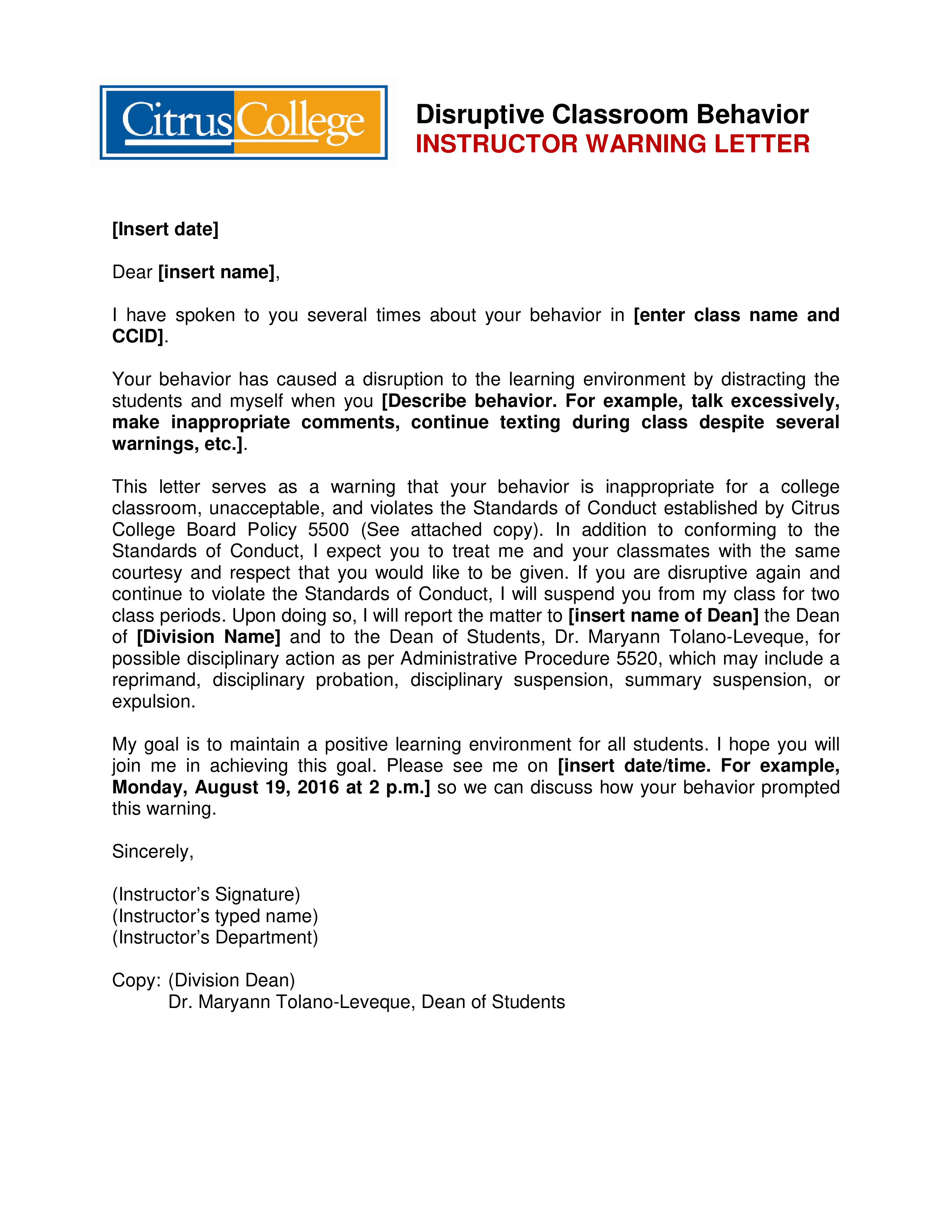 Student Conduct Warning Letter Sample Templates At 