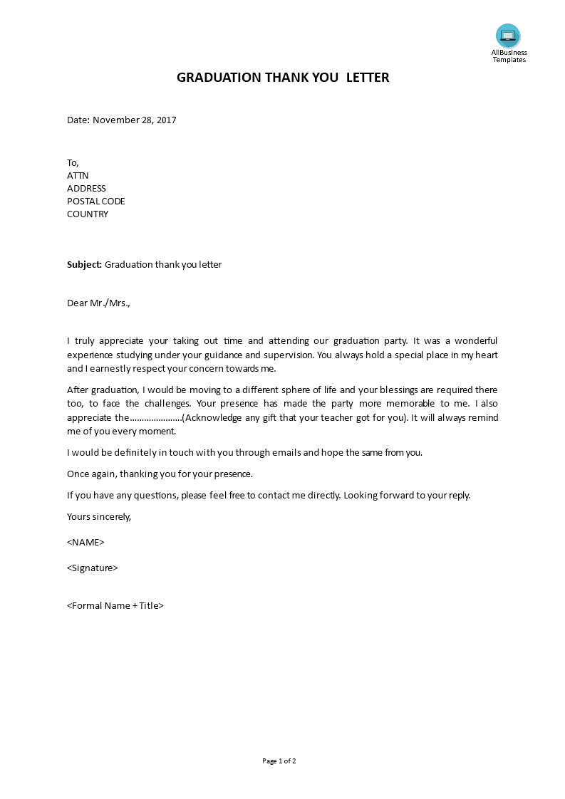 Graduation Thank You Letter Template Printable Templates