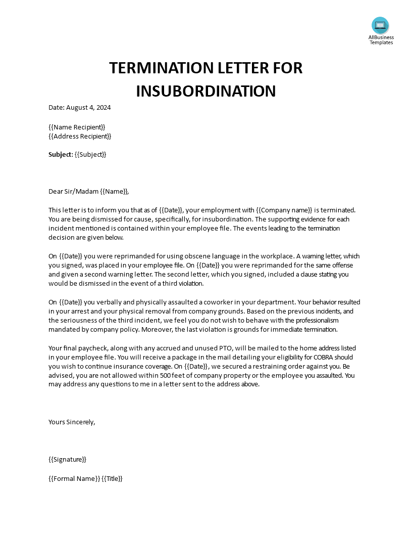 Termination Letter For Insubordination | Templates at ...