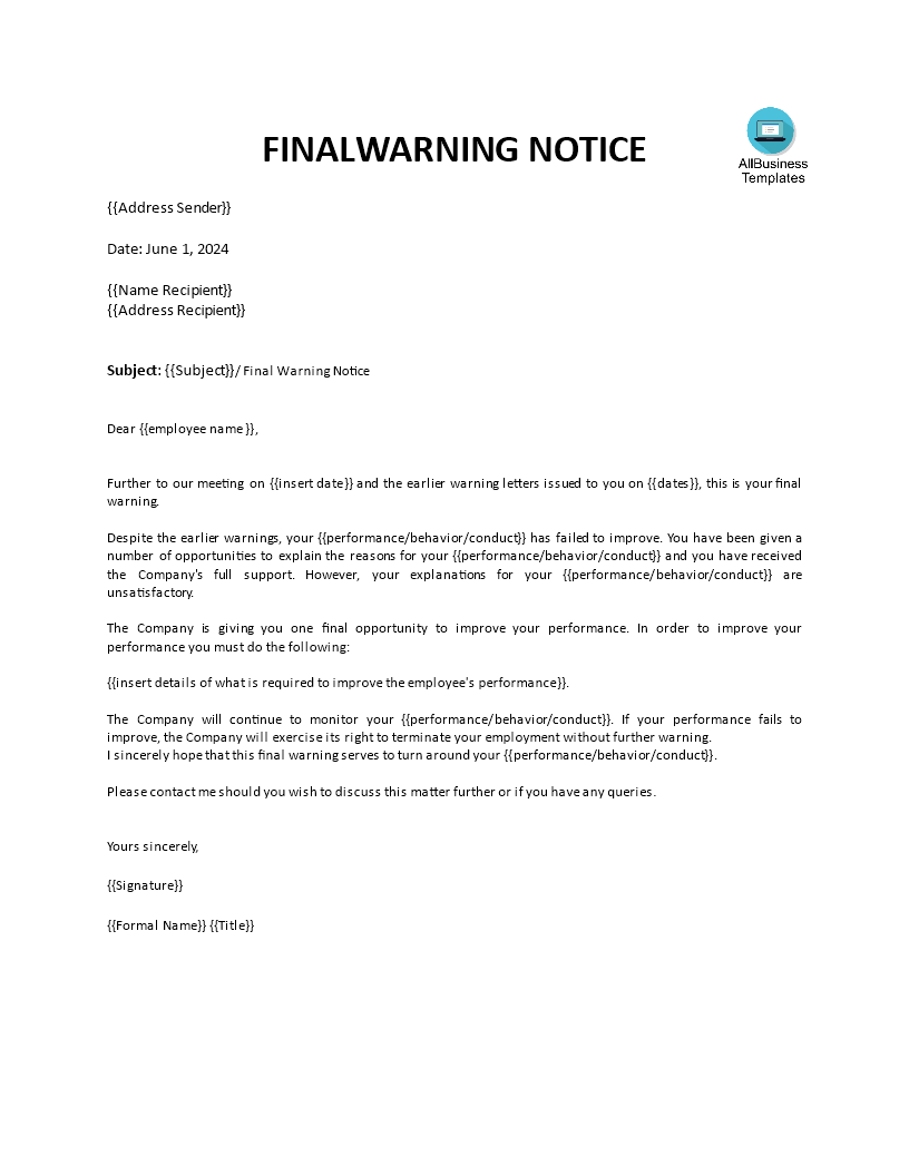 Final Warning Letter To Employee Poor Performance | Templates at ...
