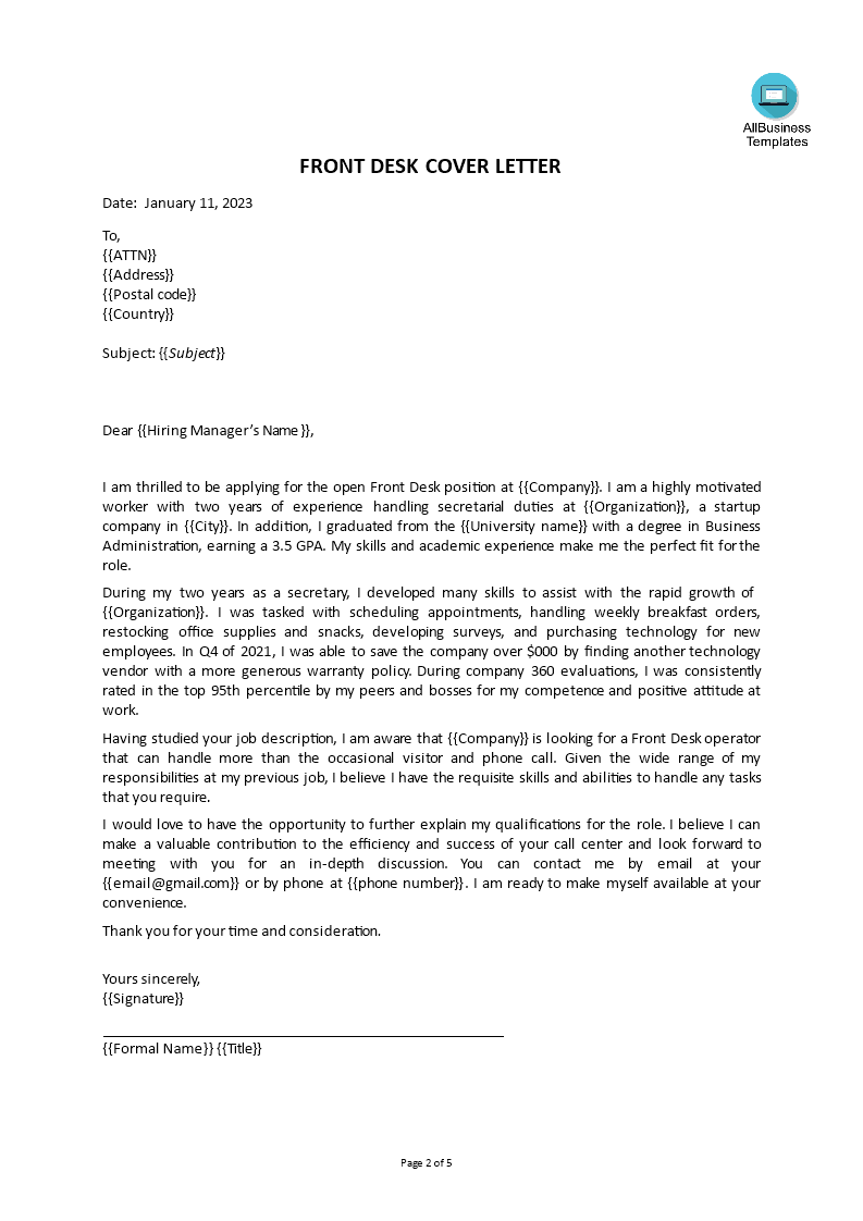 Fitness Front Desk Cover Letter | Templates at allbusinesstemplates.com