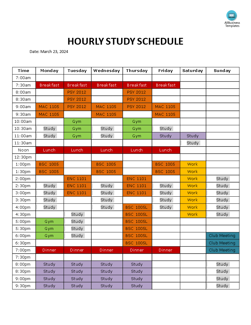 Hourly Study Schedule | Templates at allbusinesstemplates.com