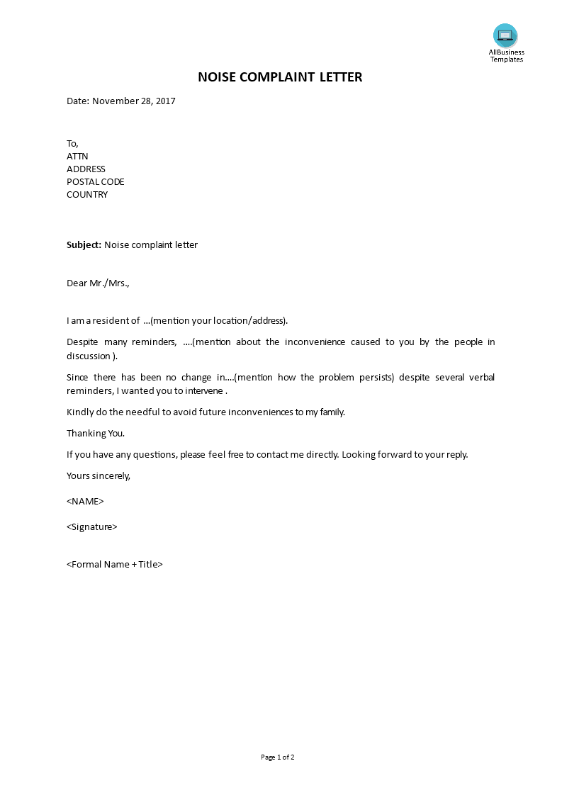 Noise Complaint Letter Templates At Allbusinesstemplates