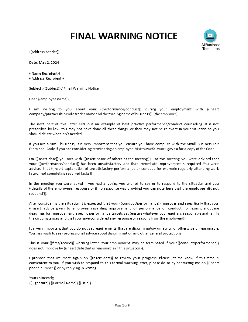 First and Second Warning Letter to Employee | Templates at ...