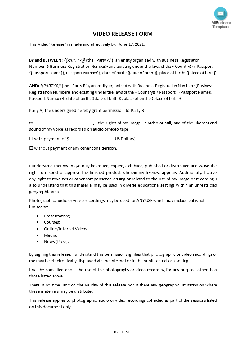 Video Model Release Form | Templates at allbusinesstemplates.com