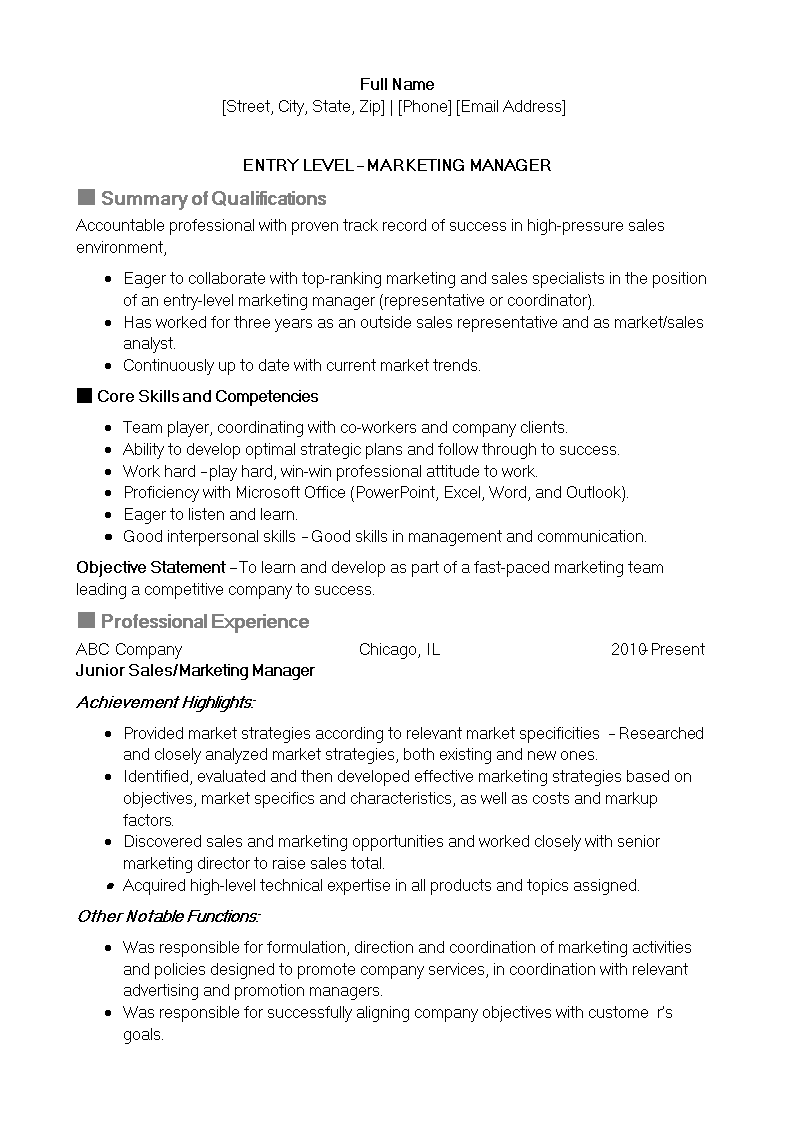 Entry Level Marketing Sales Resume Templates At Allbusinesstemplates