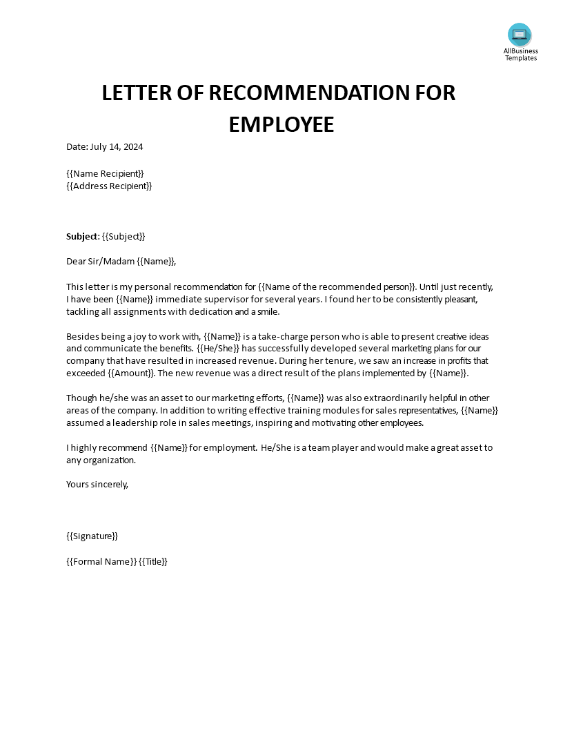 Sample Letter Of Recommendation For Employee | Templates at ...