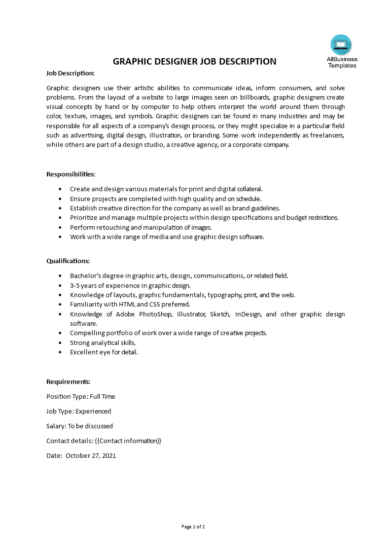  Graphic Designer Job Description Allbusinesstemplates