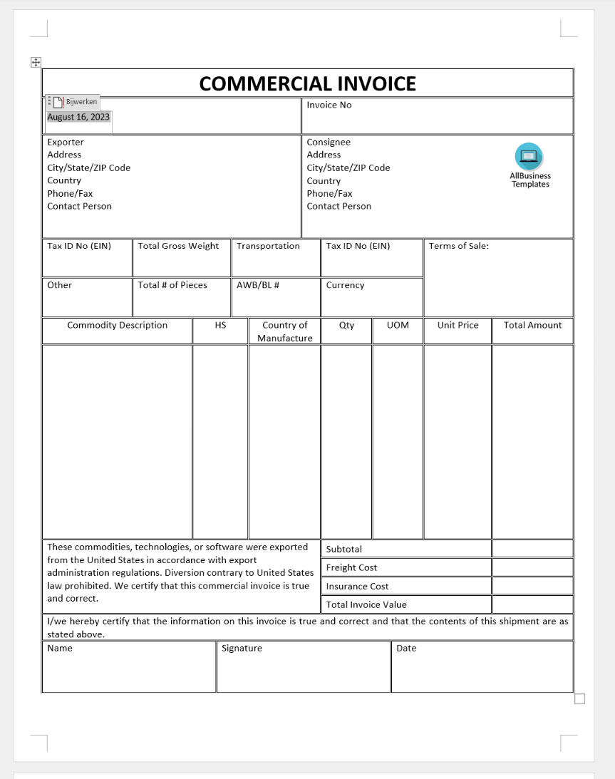 Handelsrechnung | Templates at allbusinesstemplates.com