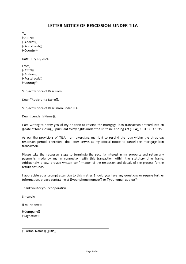 Letter Notice Of Rescission | Templates at allbusinesstemplates.com
