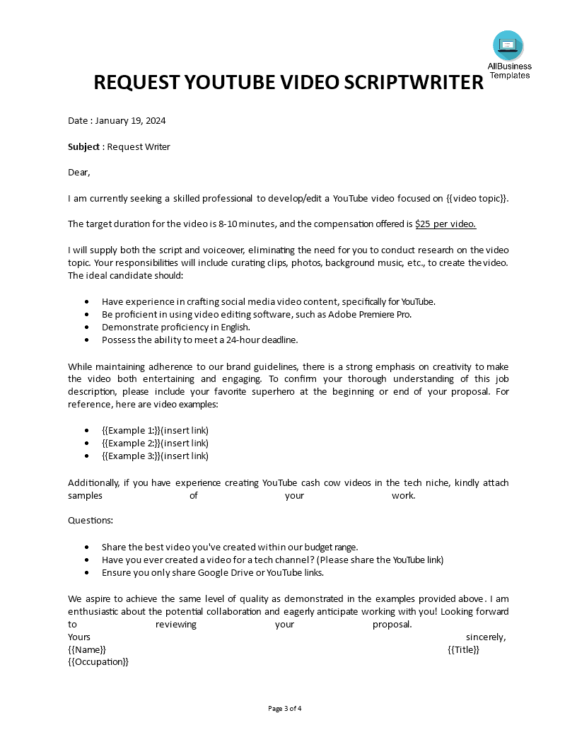 Copy Writer Request Template | Templates at allbusinesstemplates.com