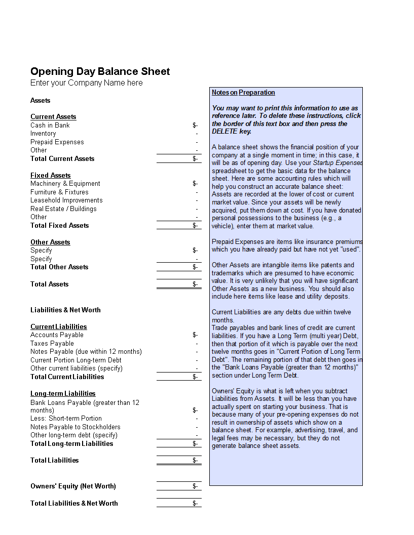 Opening Day Balance Sheet Templates At Allbusinesstemplates