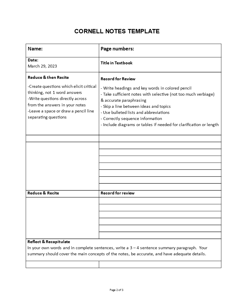 Blank Cornell Note Word | Templates at allbusinesstemplates.com