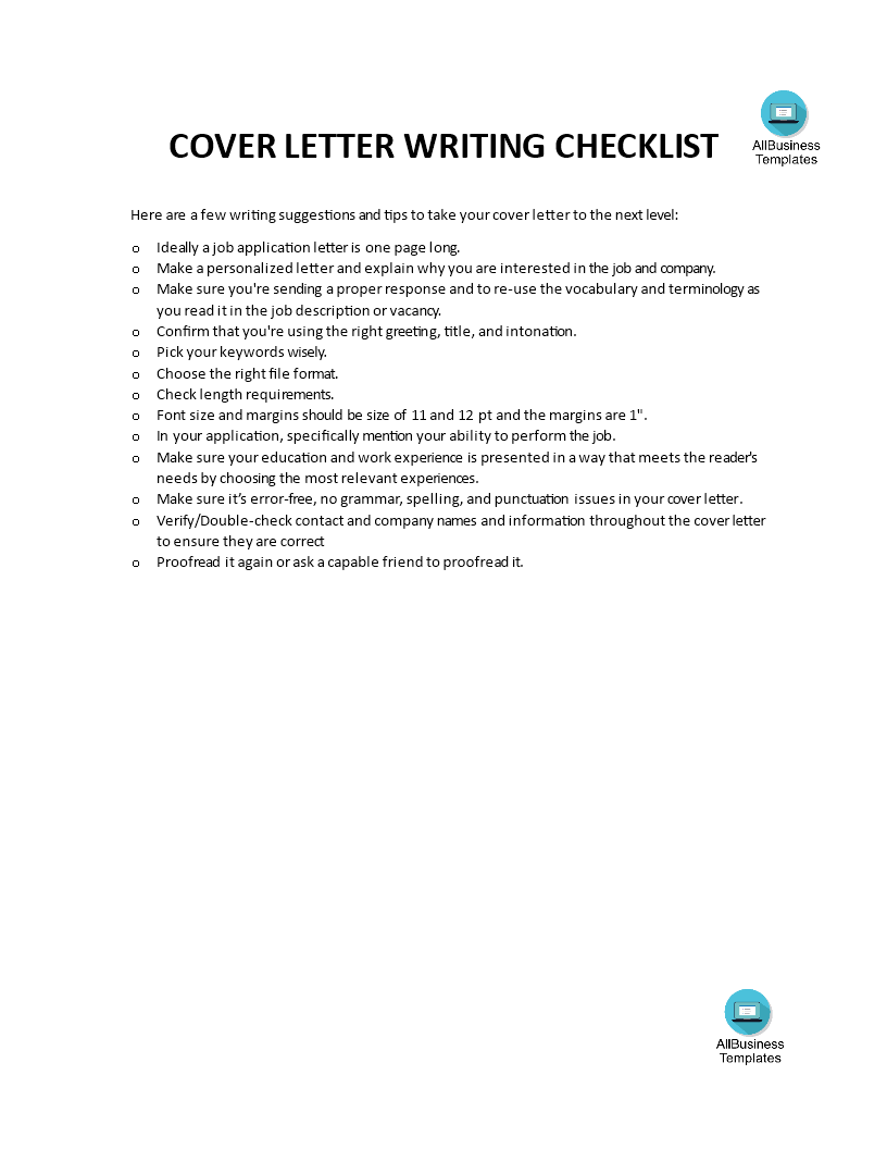 Resume Cover Letter Checklist | Templates at allbusinesstemplates.com