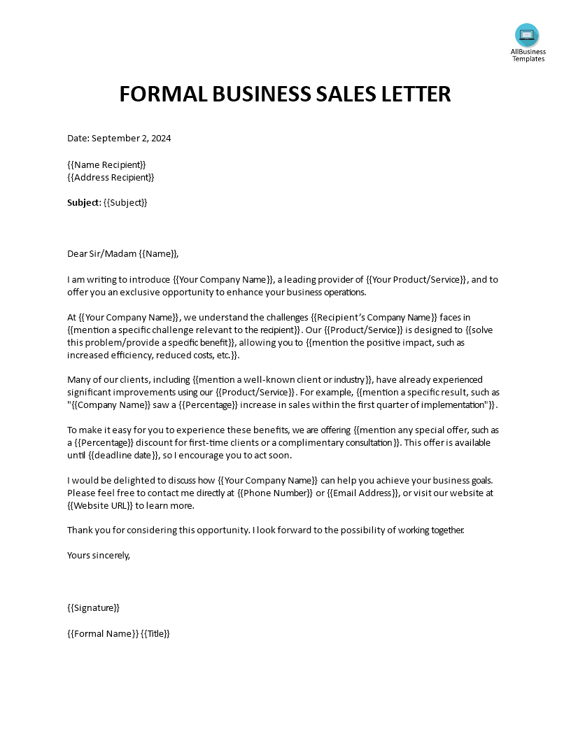 Formal Business Sales Letter | Templates at allbusinesstemplates.com
