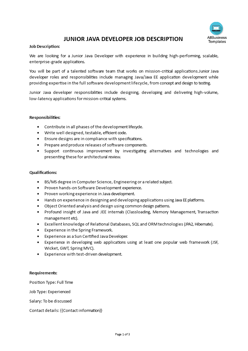  Junior Java Developer Job Description Allbusinesstemplates