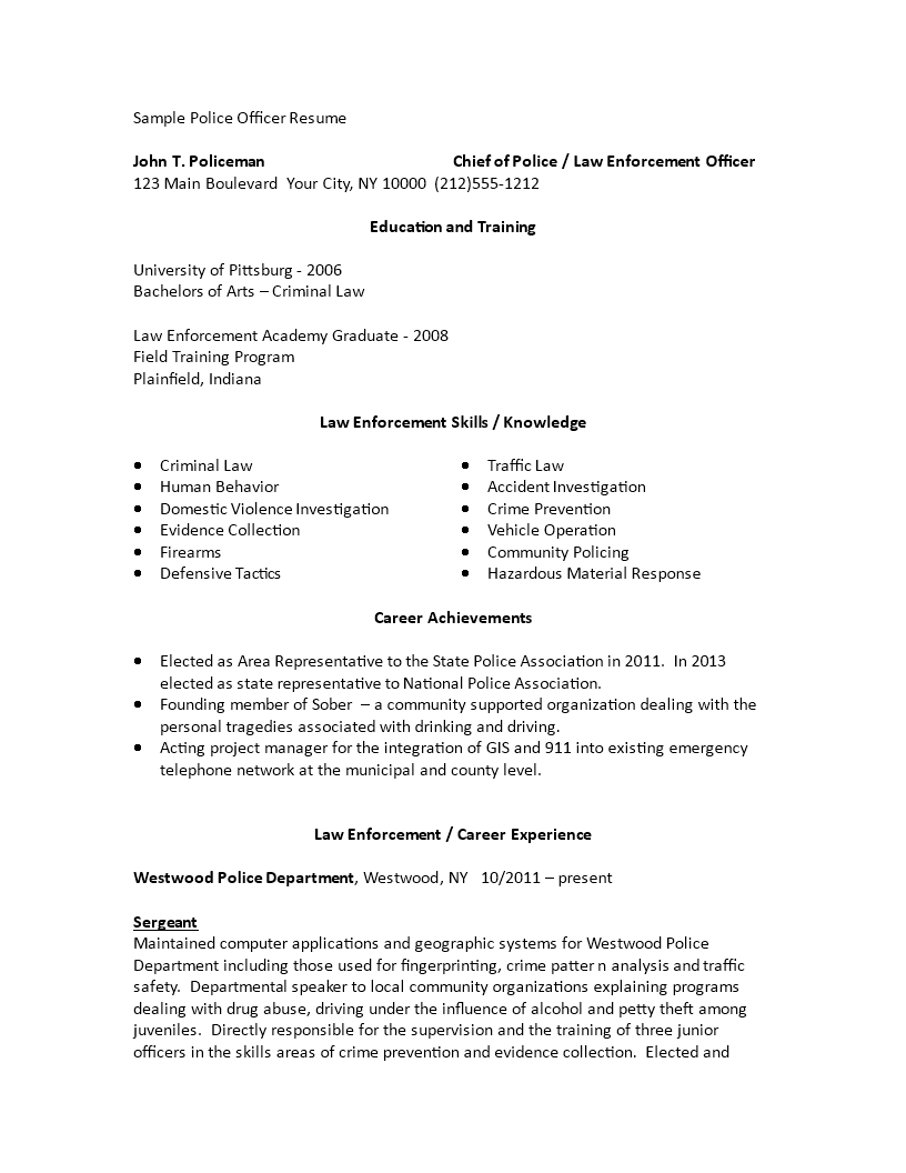  Sample Police Officer Resume Allbusinesstemplates