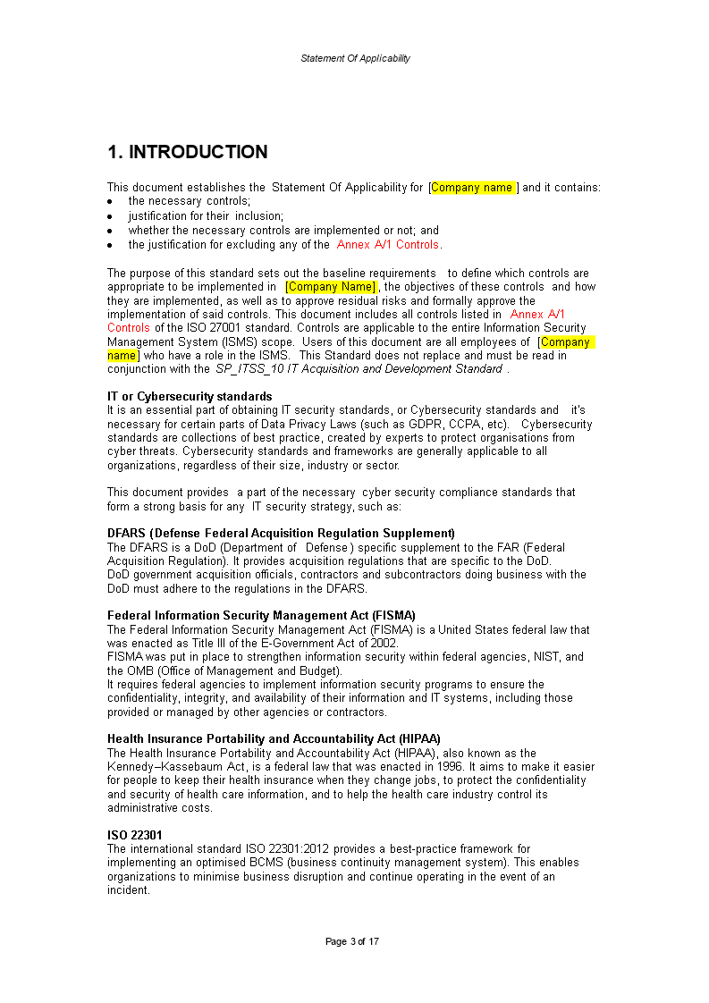 Statement Of Applicability CyberSecurity | Templates at ...