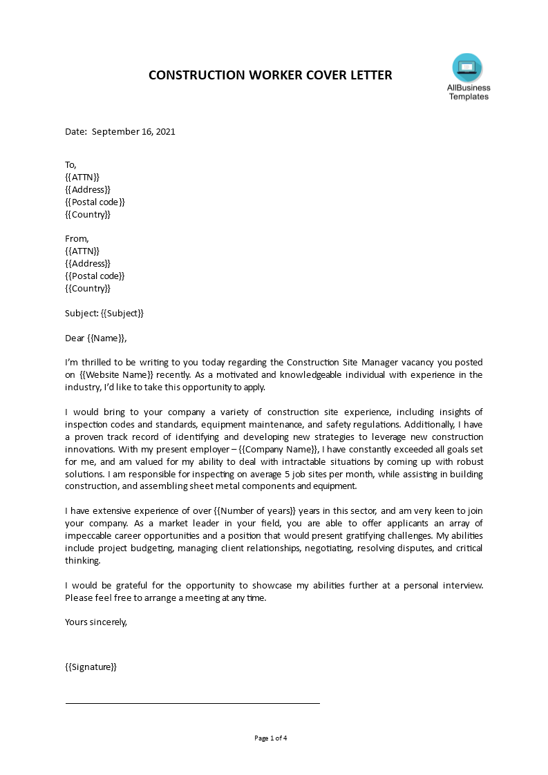 Télécharger Gratuit Construction Worker Cover Letter