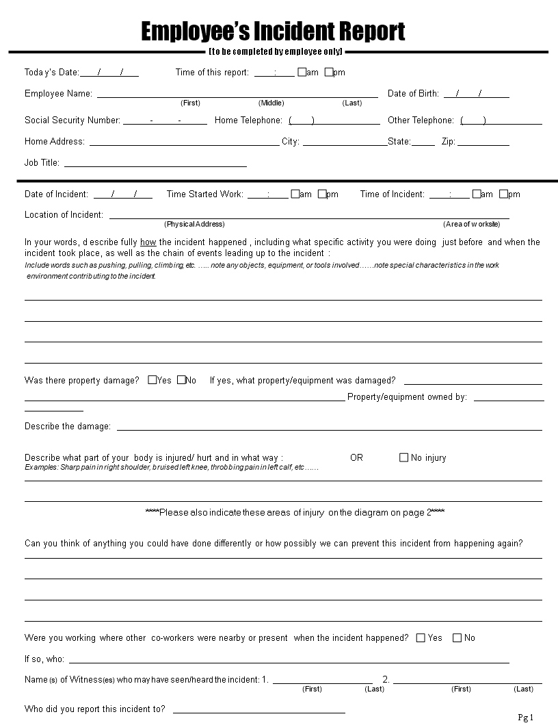 Employee s Incident Report Templates At Allbusinesstemplates