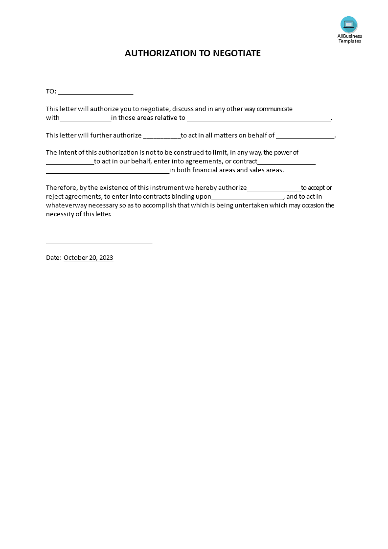 Authorization to negotiate | Templates at allbusinesstemplates.com