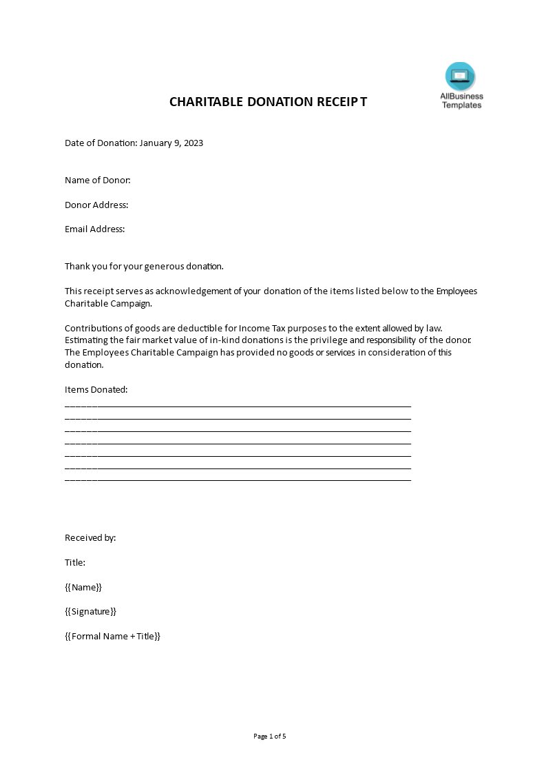 Charitable Donation Receipt | Templates at allbusinesstemplates.com