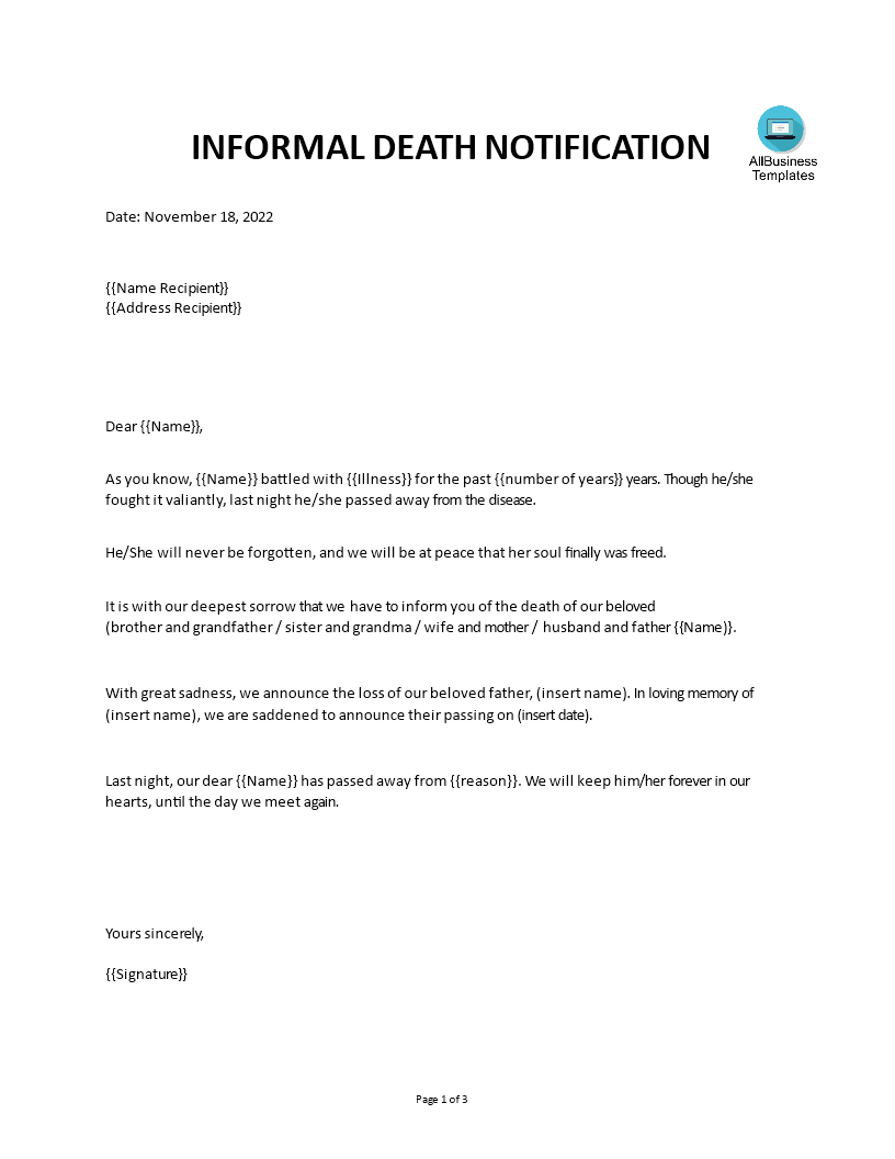 Informal Death Notification Templates At Allbusinesstemplates