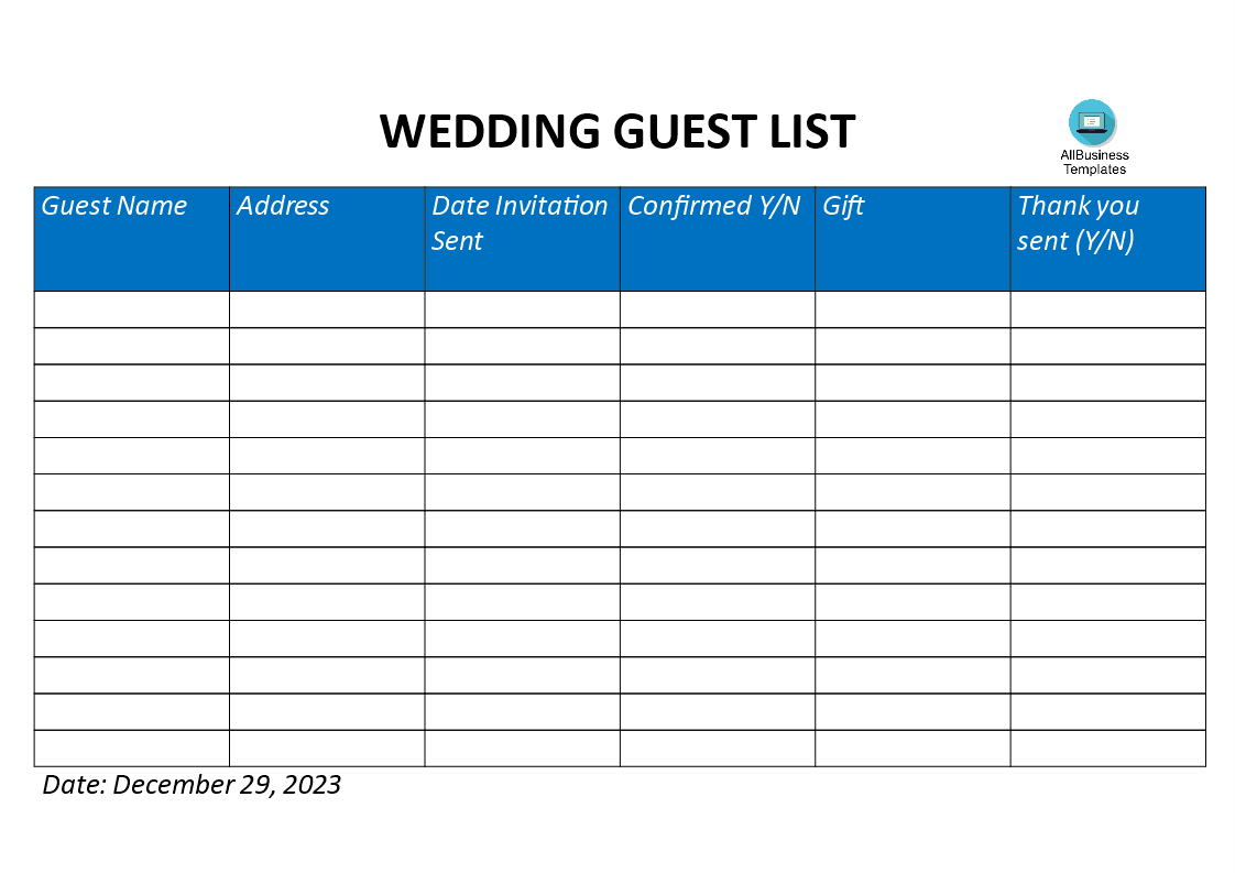 Wedding Guest List | Templates at allbusinesstemplates.com