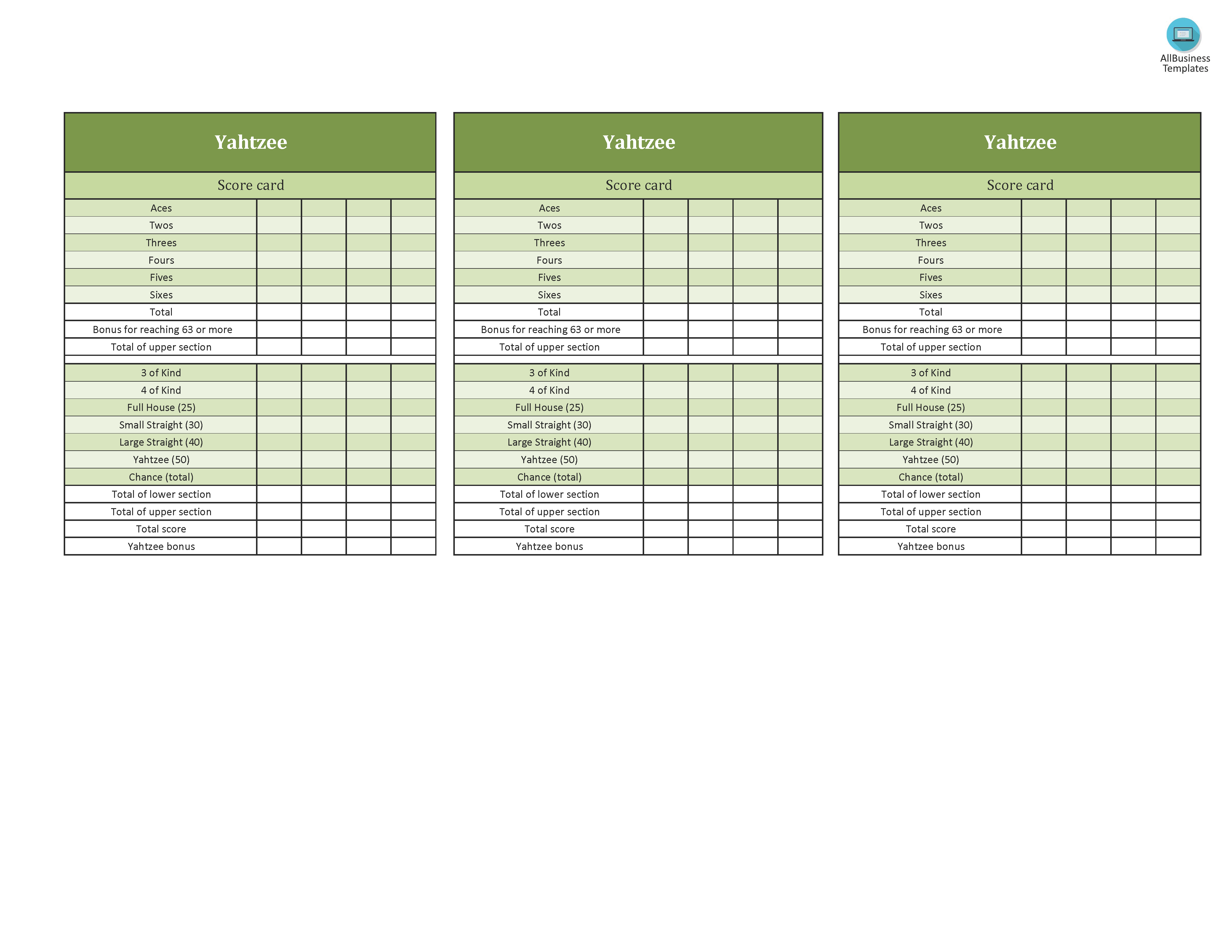 Yahtzee Score Sheets in excel | Templates at allbusinesstemplates.com
