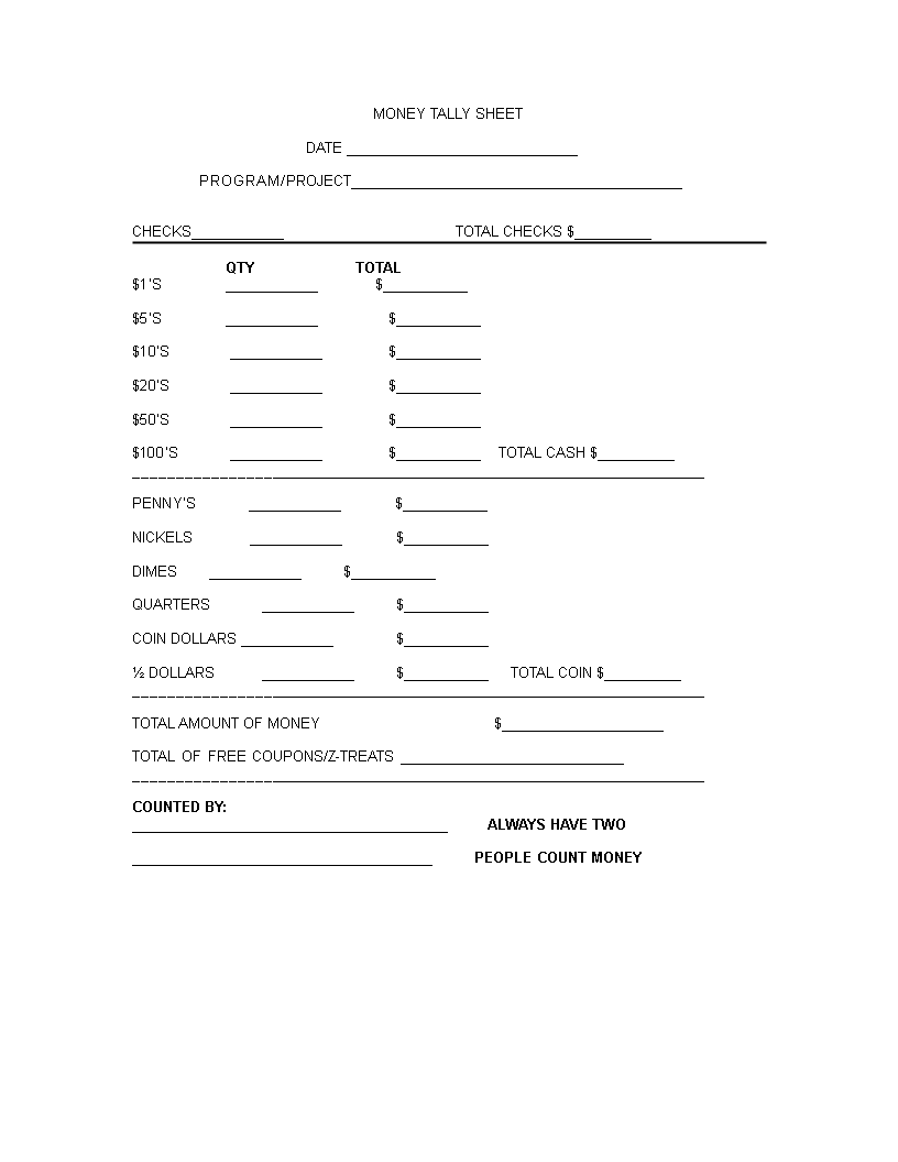 Money Tally Sheet Templates At Allbusinesstemplates