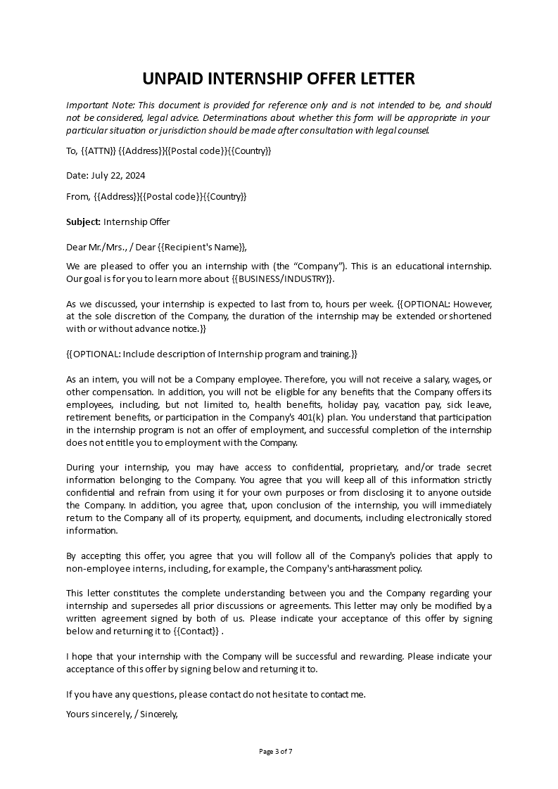 Internship Offer Letter Sample | Templates at allbusinesstemplates.com