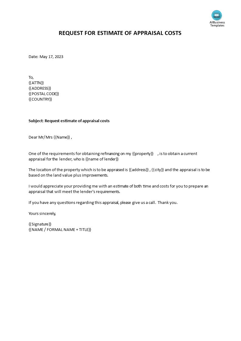 Request for Estimate of Appraisal - Premium Schablone