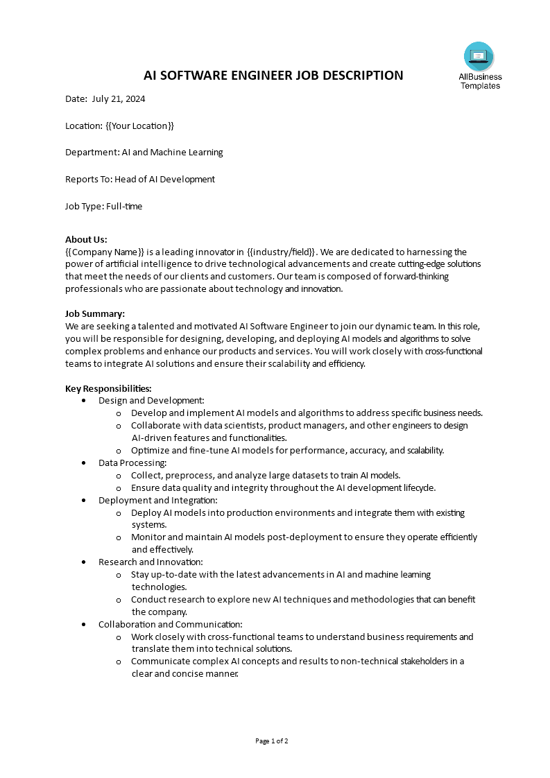 AI Software Engineer Job Description | Templates at ...