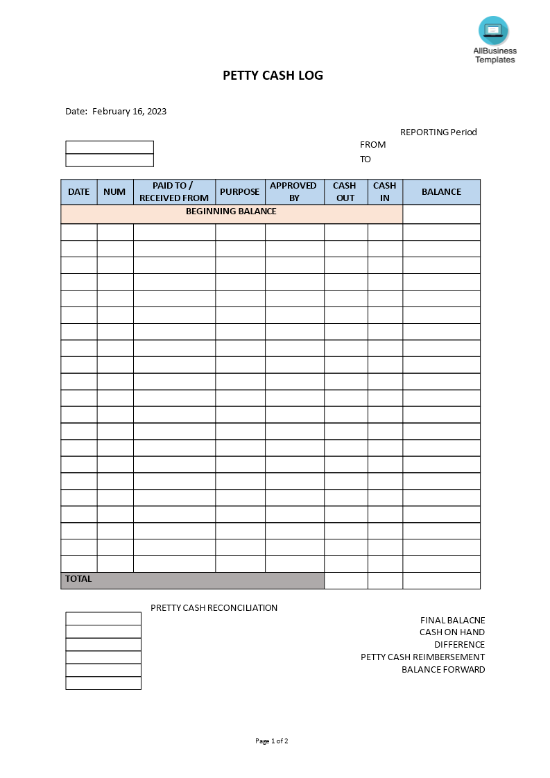 Petty Cash Log | Templates at allbusinesstemplates.com