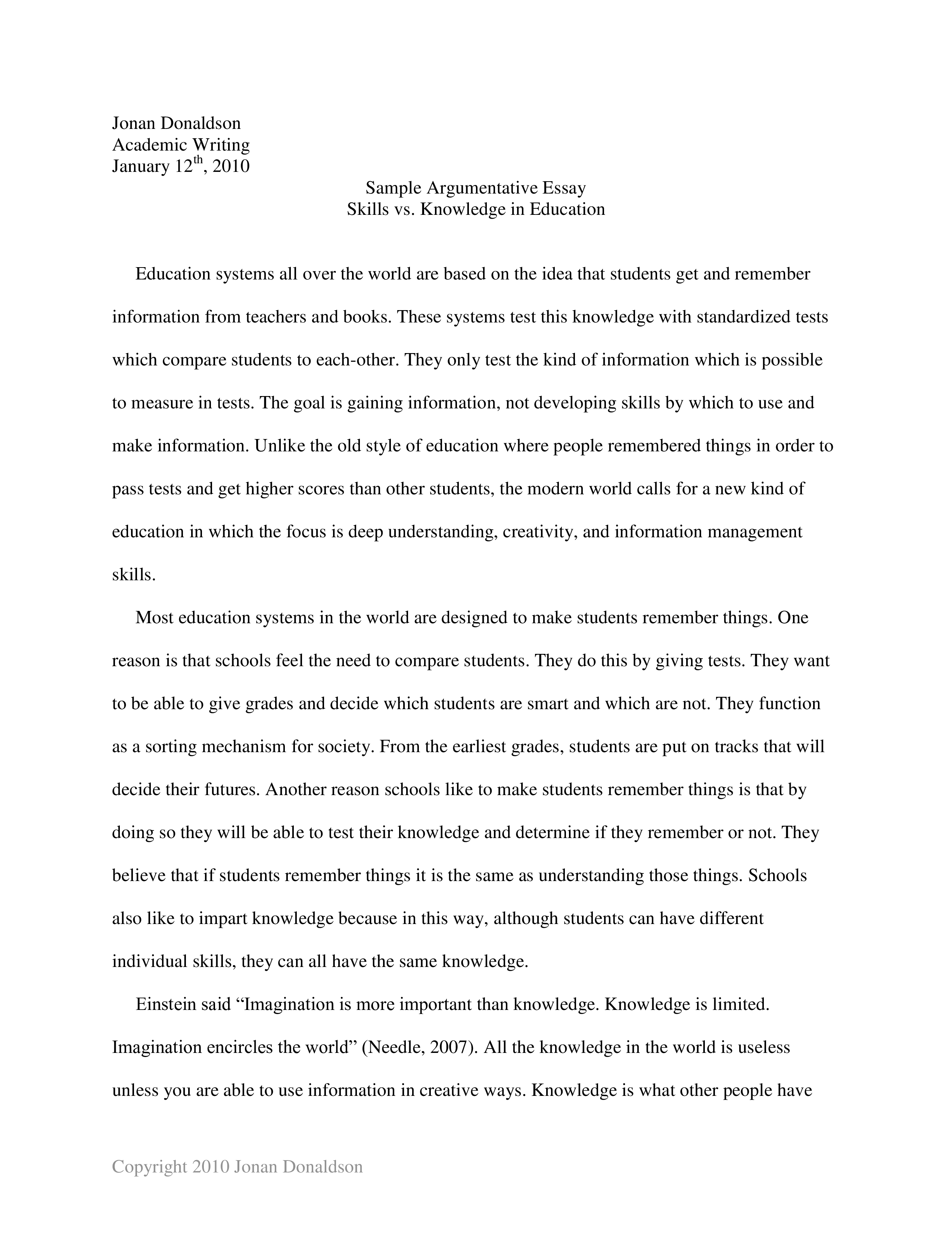 Sample Argumentative College Essay | Templates at allbusinesstemplates.com