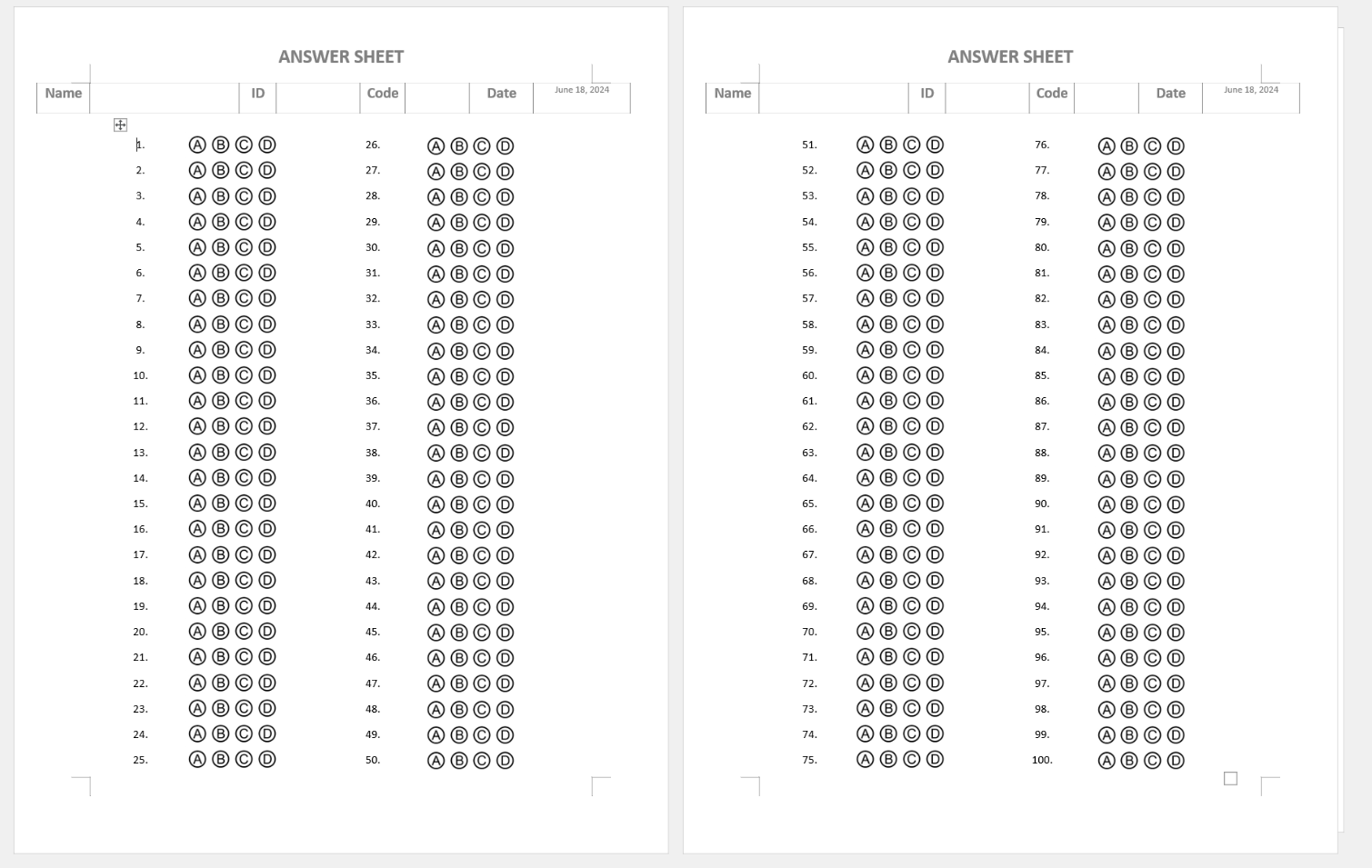 Answer Sheet | Templates at allbusinesstemplates.com