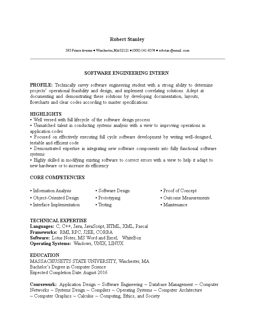 Sample Software Engineering Internship Resume Templates At Allbusinesstemplates