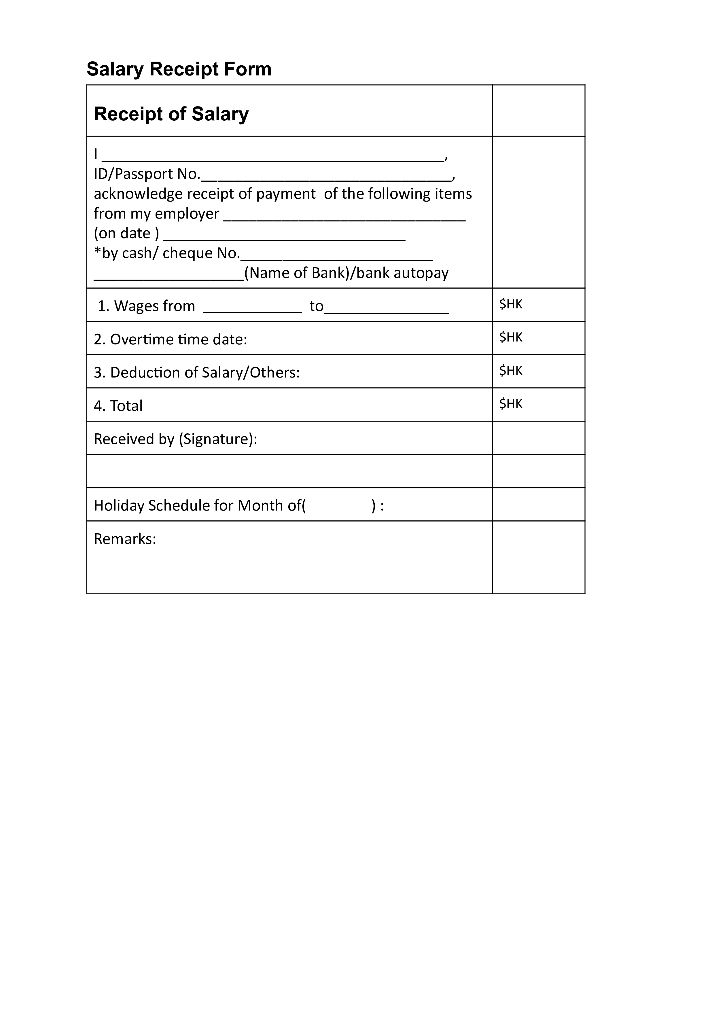 Wage Receipt Template