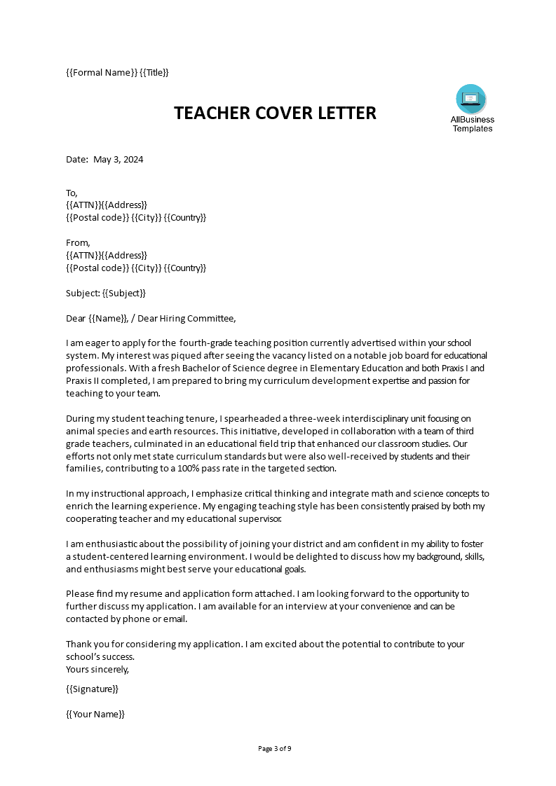 Elementary Teacher Job Application Letter | Templates at ...