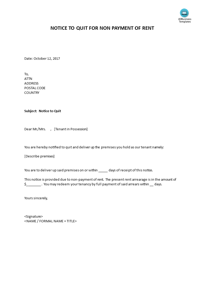 Notice To Quit For Non Payment Of Rent Templates At