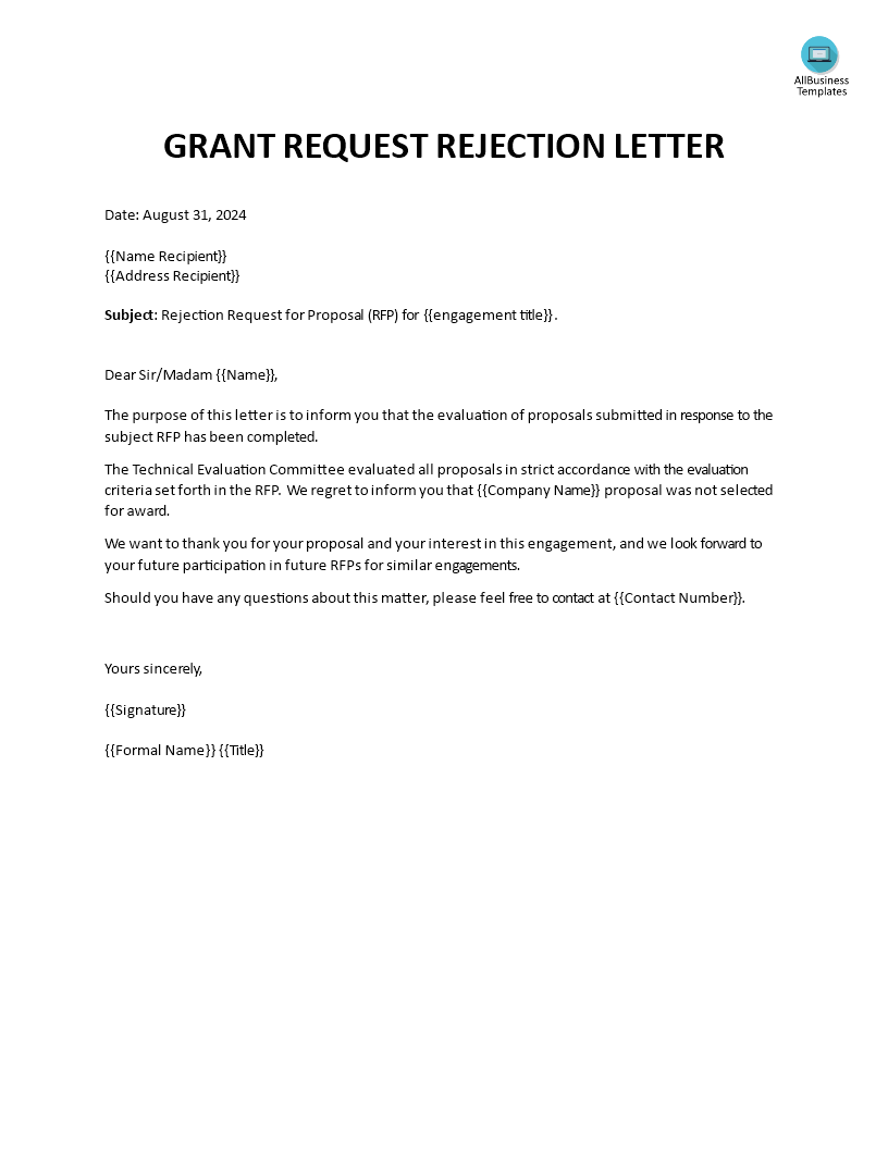 Grant Request Rejection Letter | Templates at allbusinesstemplates.com