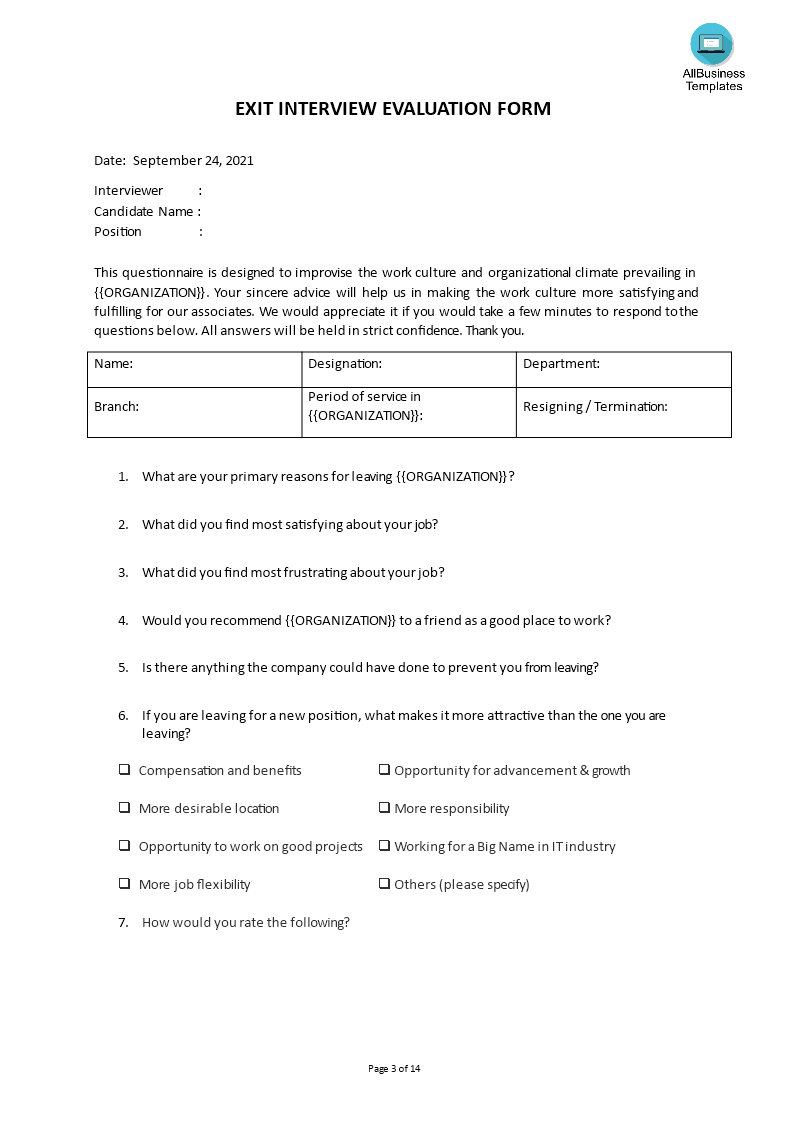 Exit Interview Questionnaire | Templates at allbusinesstemplates.com